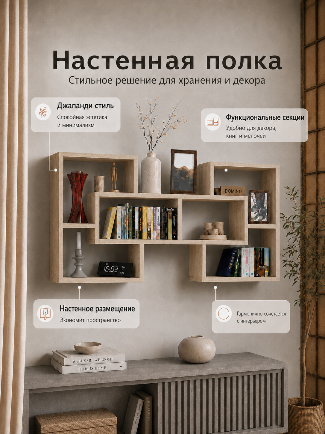 Полка настенная для книг и декора 115 см дуб сонома