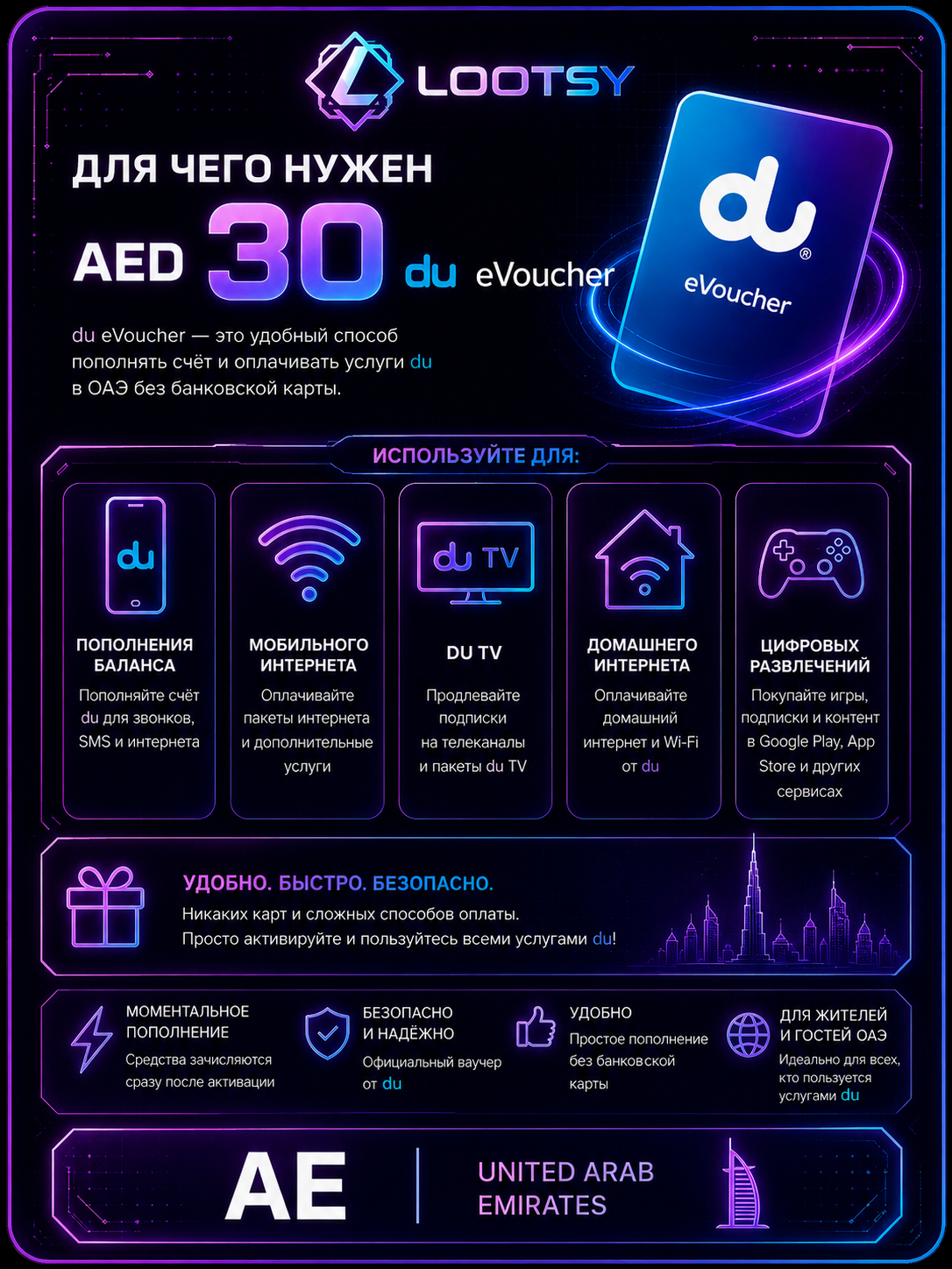 Du eVoucher 30 AED | Цифровой ключ пополнения баланса du | Мгновенная доставка — фото 1