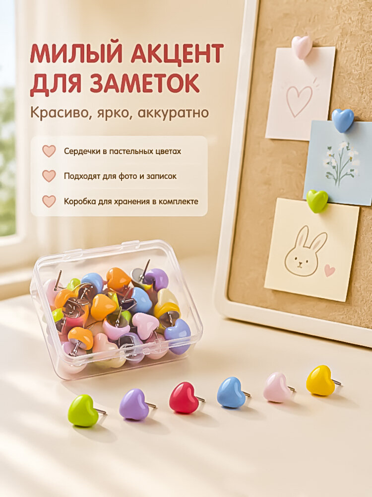 Канцелярские кнопки гвоздики "сердечки" для пробковых досок случайных цветов случайные цвета гвоздики-сердечки