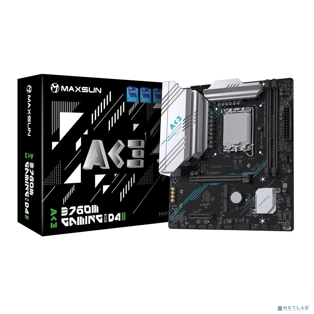 MAXSUN MS-B760M GAMING WIFI ACE D4 II (Socket 1700, mATX, 2*DDR4(64b), DP/HDMI, 2*SATA3, 3*M.2, 1xPCI-E x16 /1xPCI-E x1, 6*USB 2.0, 2*USB 3.2 GEN1, LAN 1*1G, Bluetooth, Wi-Fi 802.11ax, RTL)