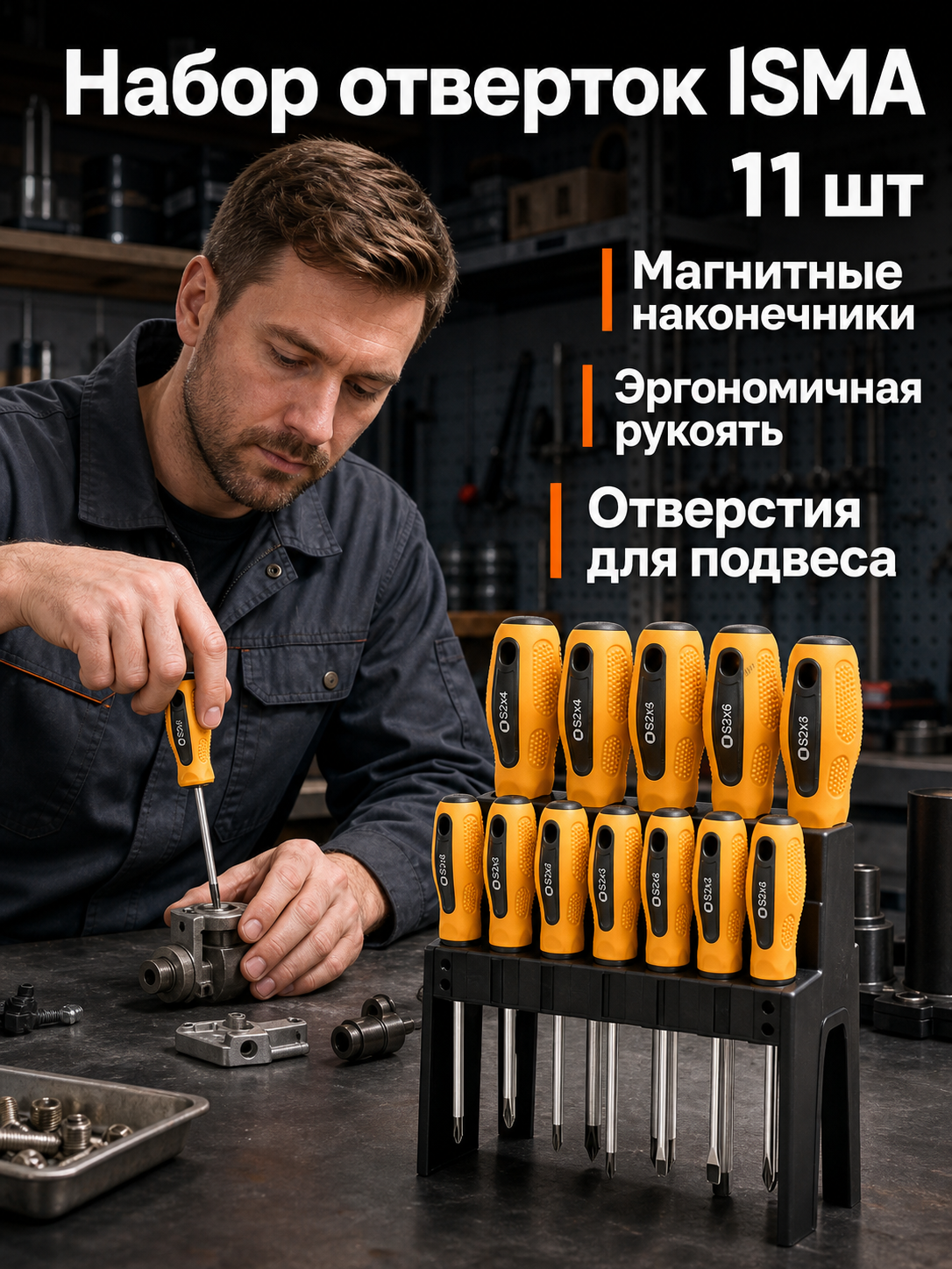 Набор отверток ISMA-10100, хромованадиевая сталь, 11 шт, на держателе — фото 1
