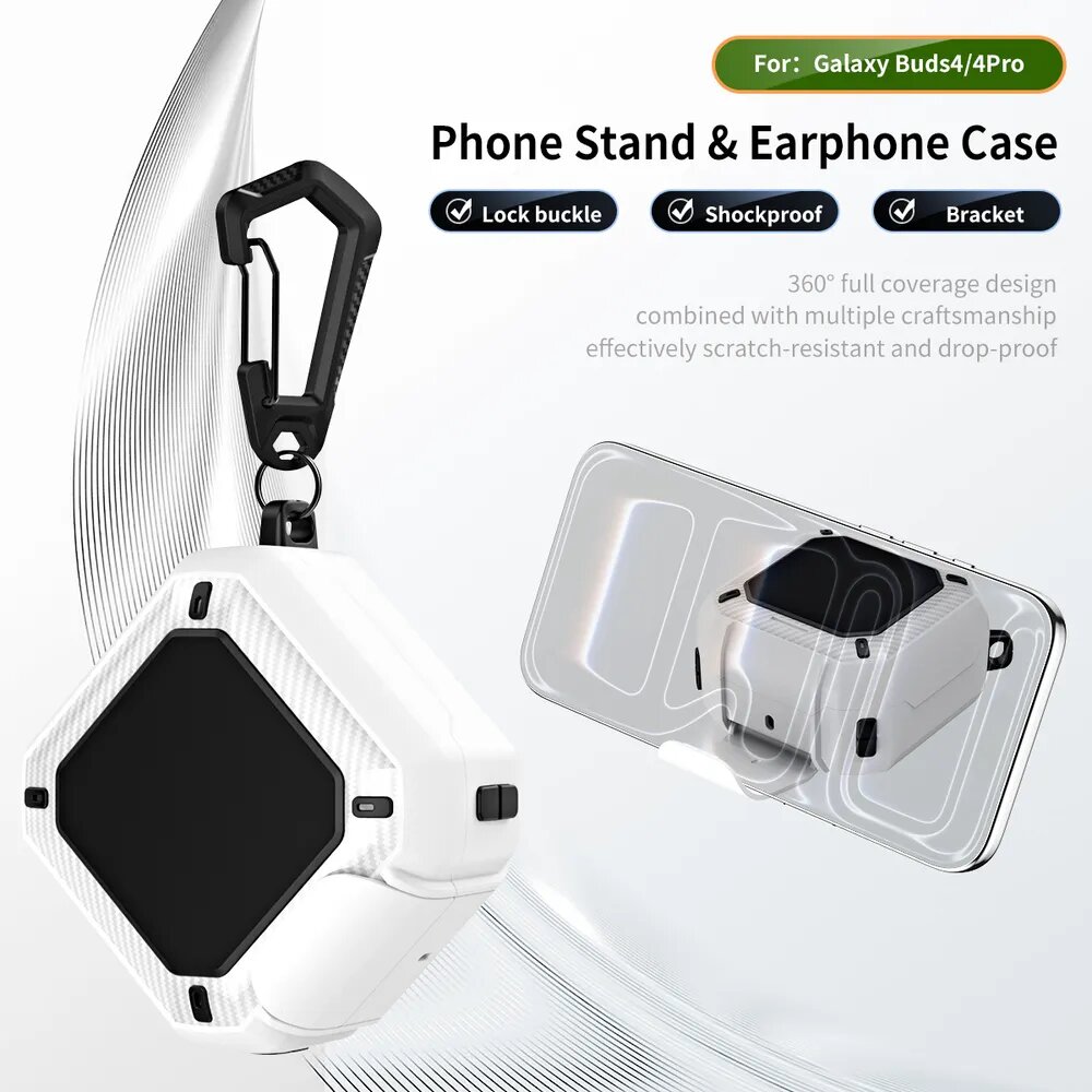 Чехол для наушников Samsung Galaxy Buds 4 / Buds 4 Pro, защитный чехол с подставкой для телефона, противоударный, с карабином, белый