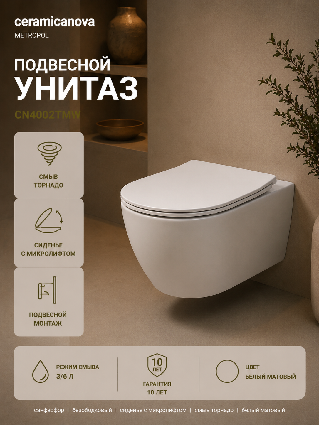 Унитаз подвесной Ceramicanova Метрополь (Metropol) CN4002TMW, смыв торнадо, сиденье с микролифтом, белый матовый