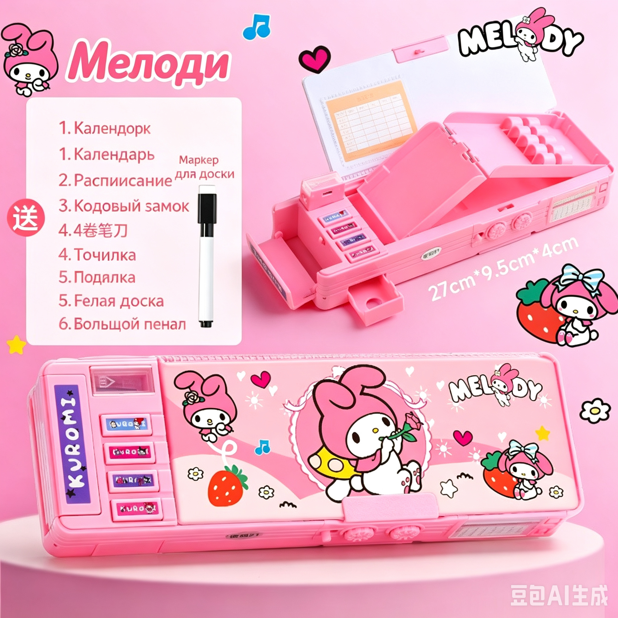 Пенал MINISO Куроми, 27*9.5*4CM, Новый набор канцелярских принадлежностей, криптографический замок
