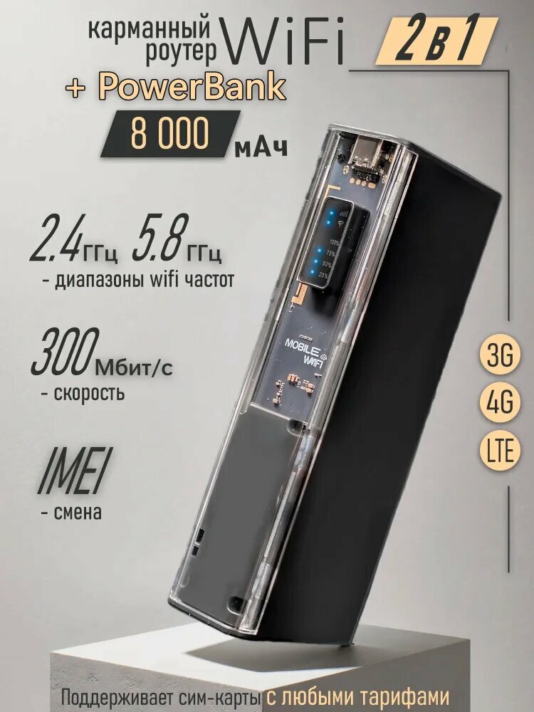 Карманный беспроводной Wi-Fi Роутер 5ГГц, со слотом для сим карт, PowerBank 8000мАч