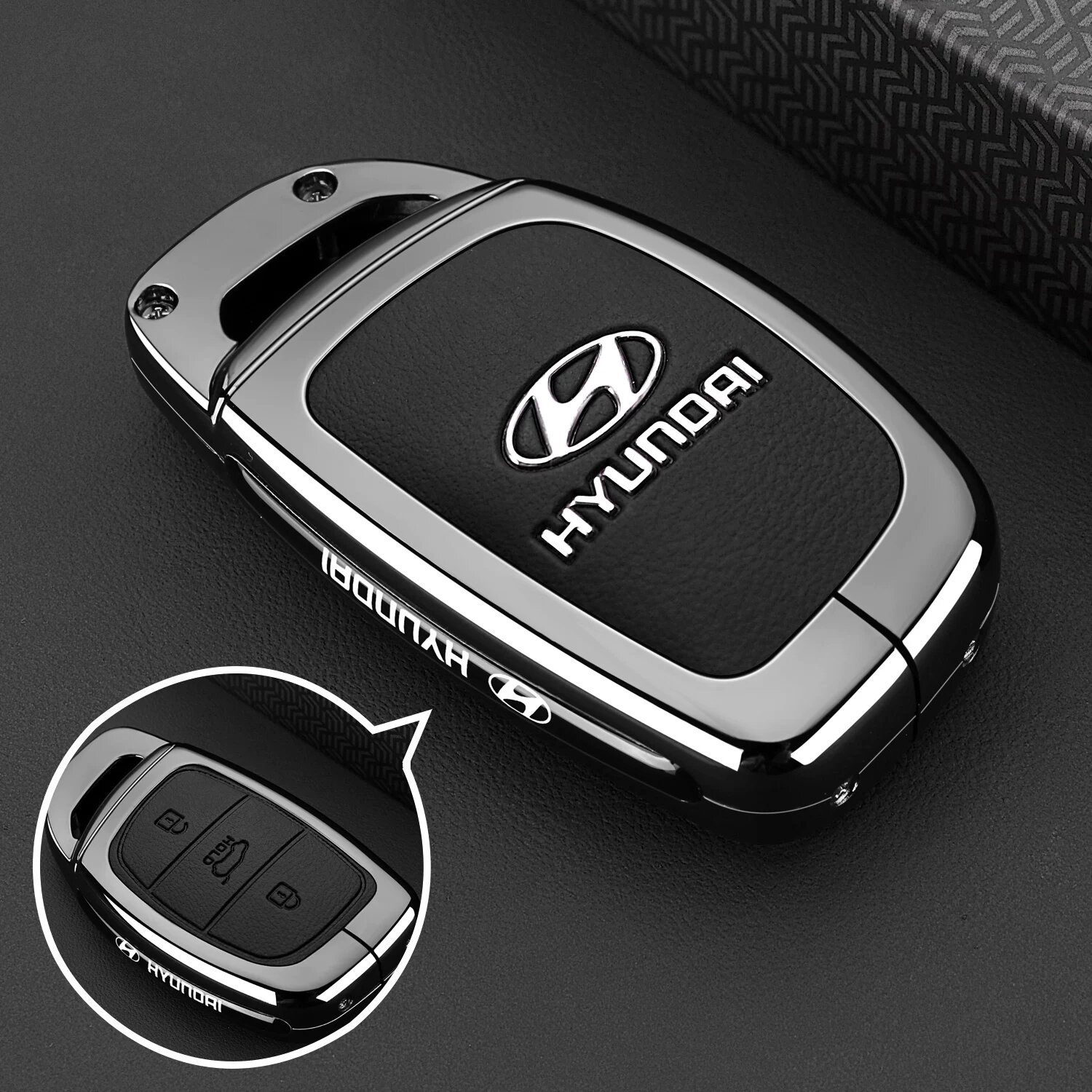 Ключевой брелок Hyundai Tucson 2015-2020 с металлическим корпусом и полным кожаным чехлом, цвет черный