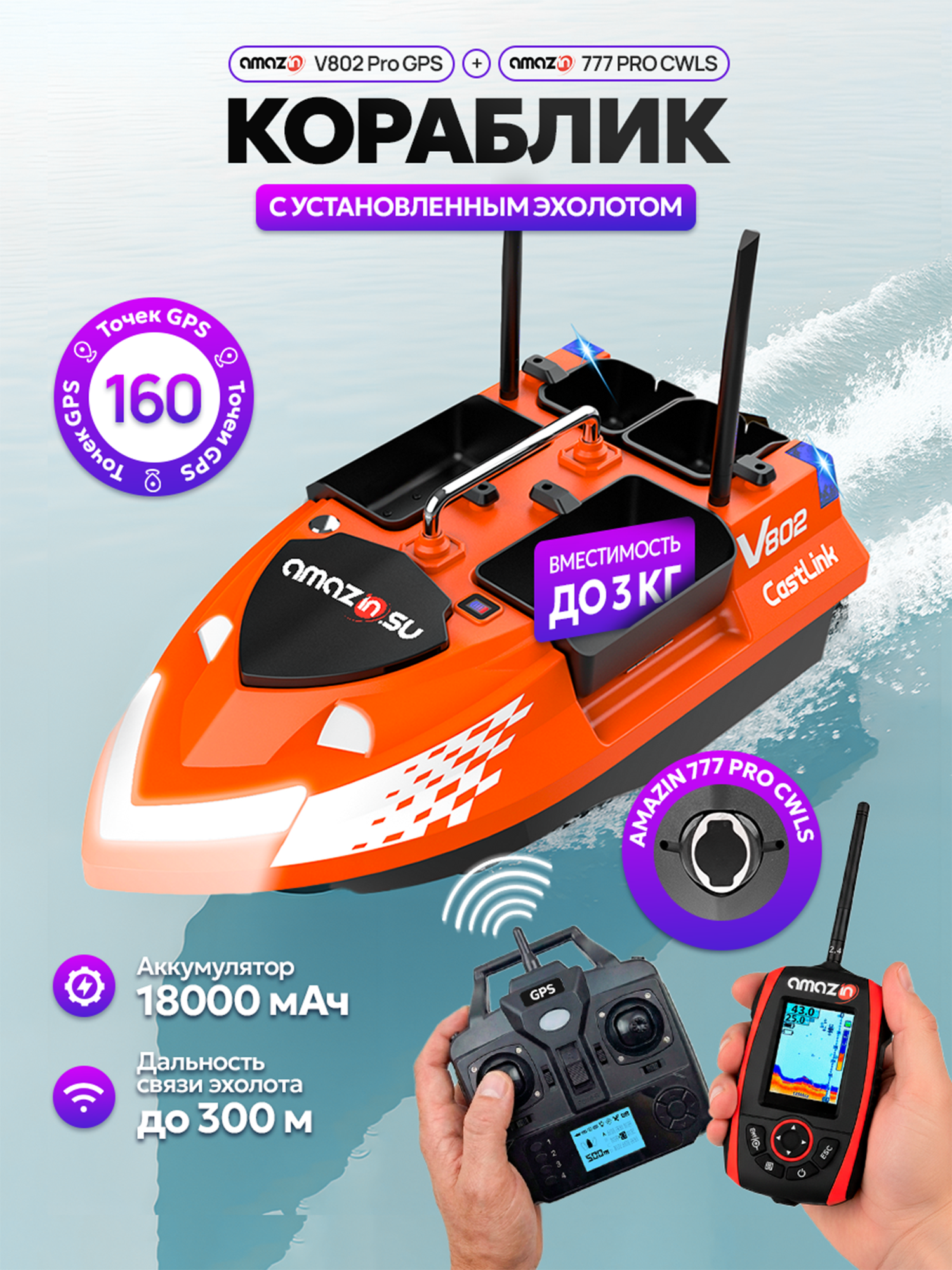 Кораблик с эхолотом Amazin V802 Pro GPS + AMAZIN FF777-PRO-CWLS