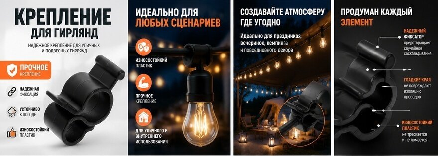 10 Штук Многофункциональные Клипсы Для Гирлянд И Фонариков Подходит Для Различных Ламп Чёрный 4X3X1 6Cm