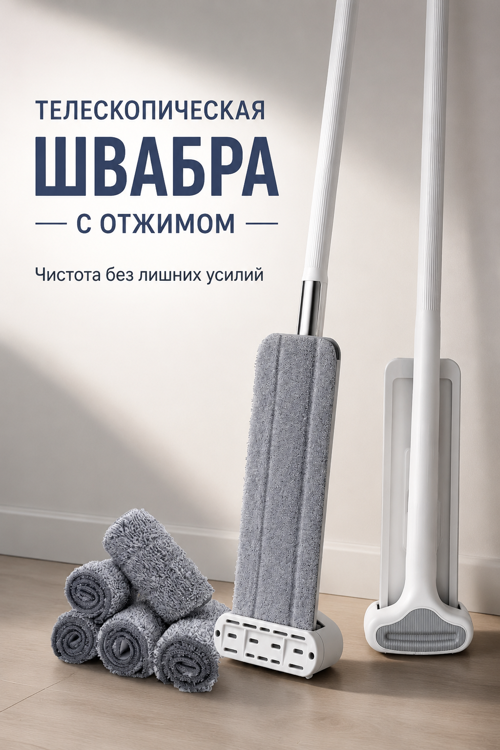 Телескопическая швабра с отжимом, 5 насадок из микрофибры, белая, 140 см