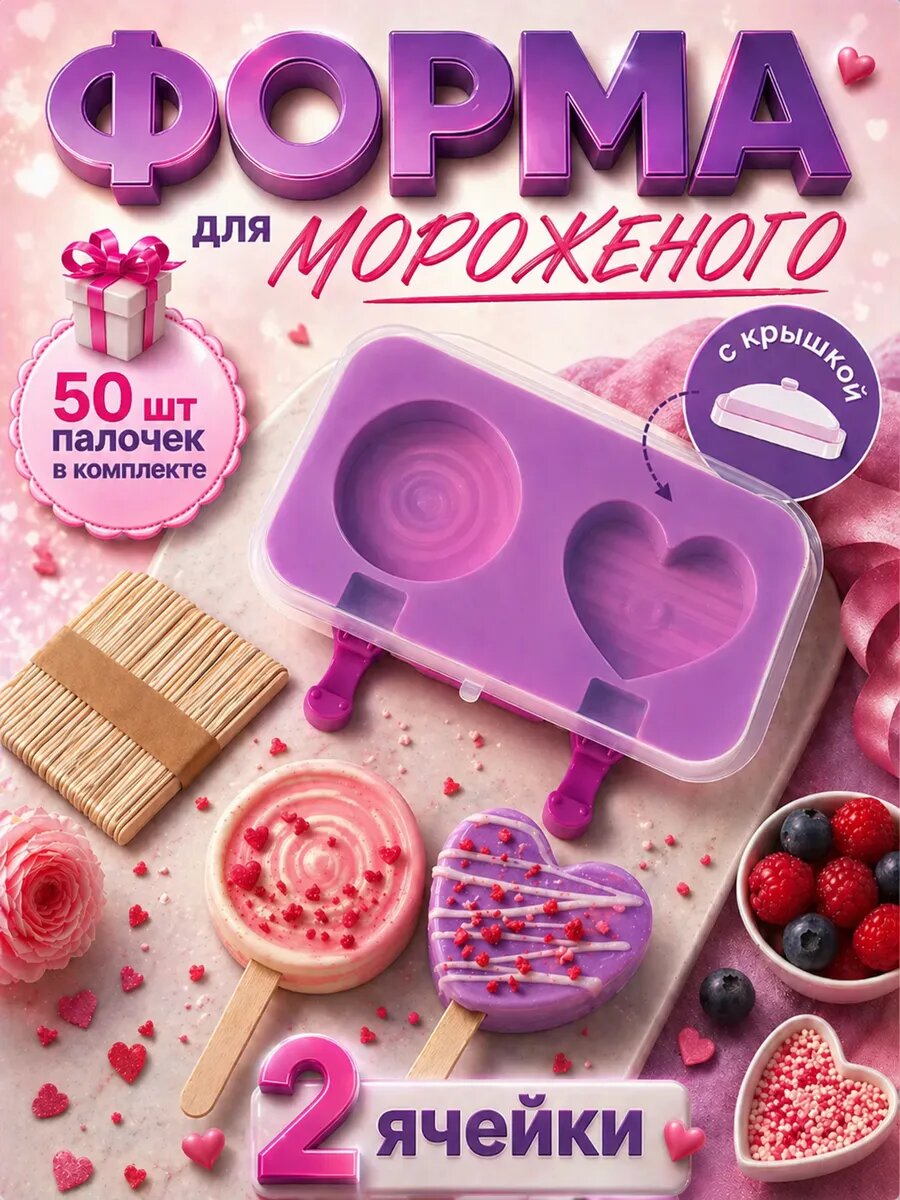 Форма силиконовая для мороженого «Позитив», 2 ячейки, 19,5×11×2,5 см, с крышкой и палочками, цвет микс