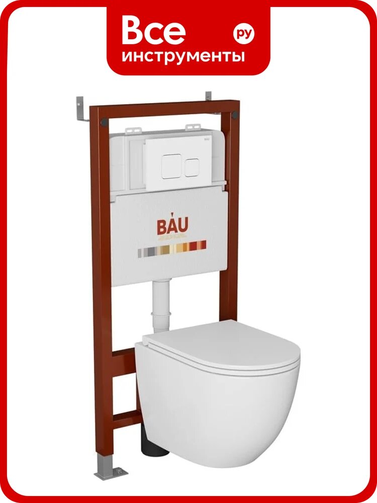 Комплект Bauedge BAU 6 в 1: инсталляция BAU PRO, унитаз подвесной безободковый торнадо обратного потока Bau Dream 52x36 Hurricane-2, сиденье дюропласт микролифт, кнопка смыва BAU Soul, белая Q111300-BL0001-HQ2-Q00014