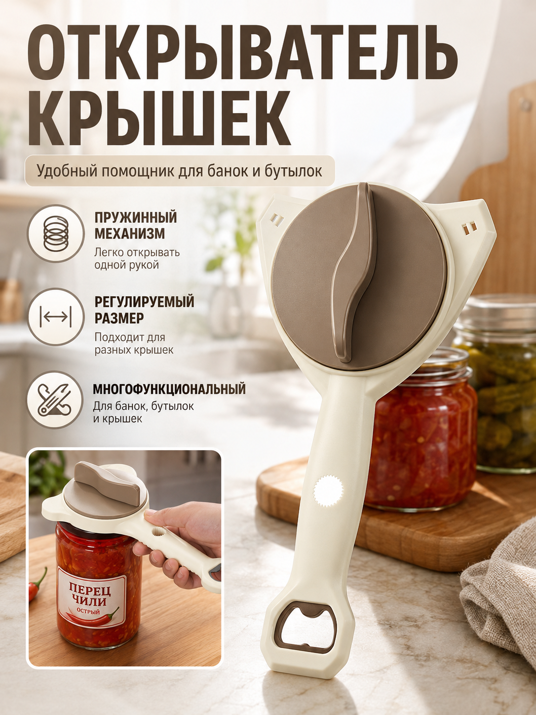Открыватель крышек многофункциональный ручной кухонный для банок и бутылок дома