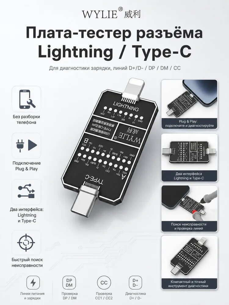WYLIE Плата-тестер разъёма зарядки Lightning / Type-C для смартфонов, диагностика D+ D- DP DM CC, тестовая плата USB-C