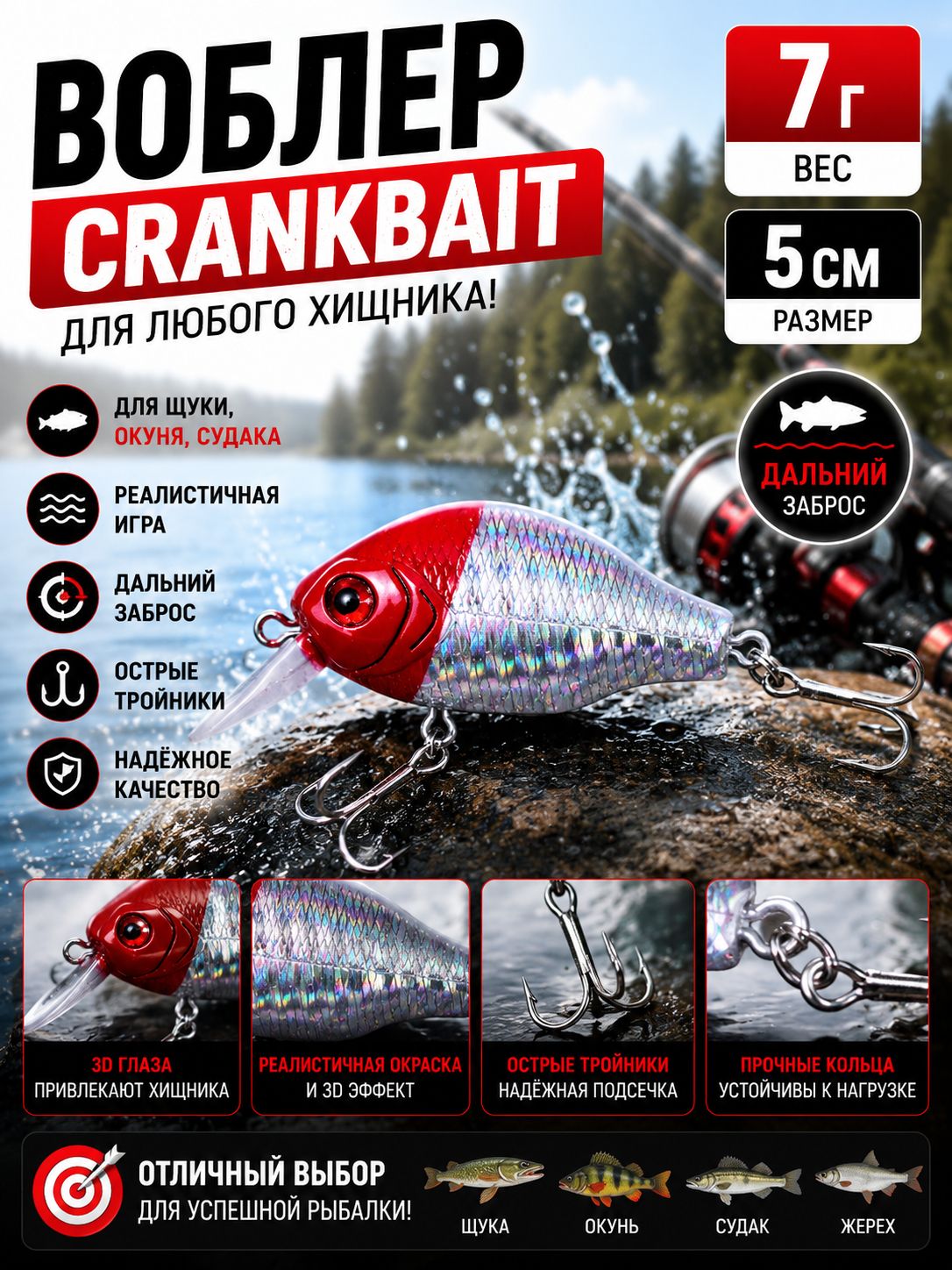 Воблер Crankbait 7г 5см для щуки, окуня, судака, приманка для хищной рыбы