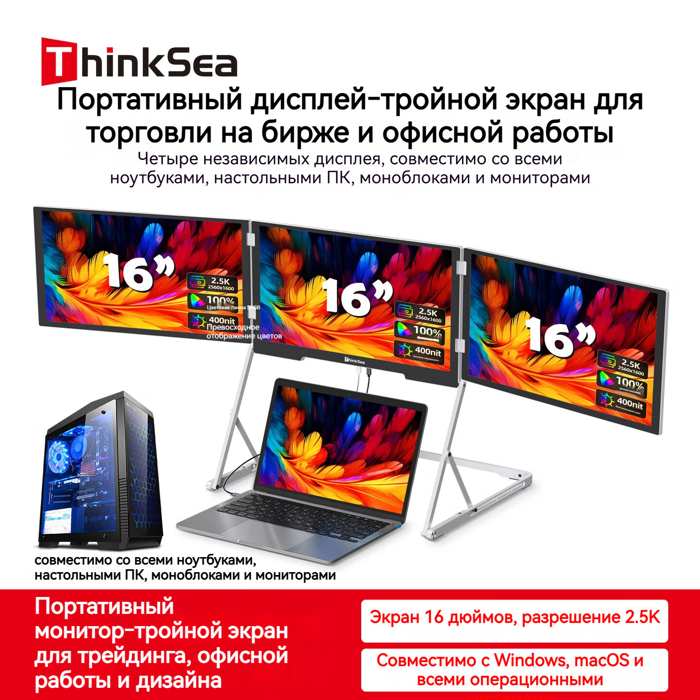 Портативный тройной монитор THINKSEA, подключение одним кабелем, дополнительный экран, 16 дюймов, 2.5K