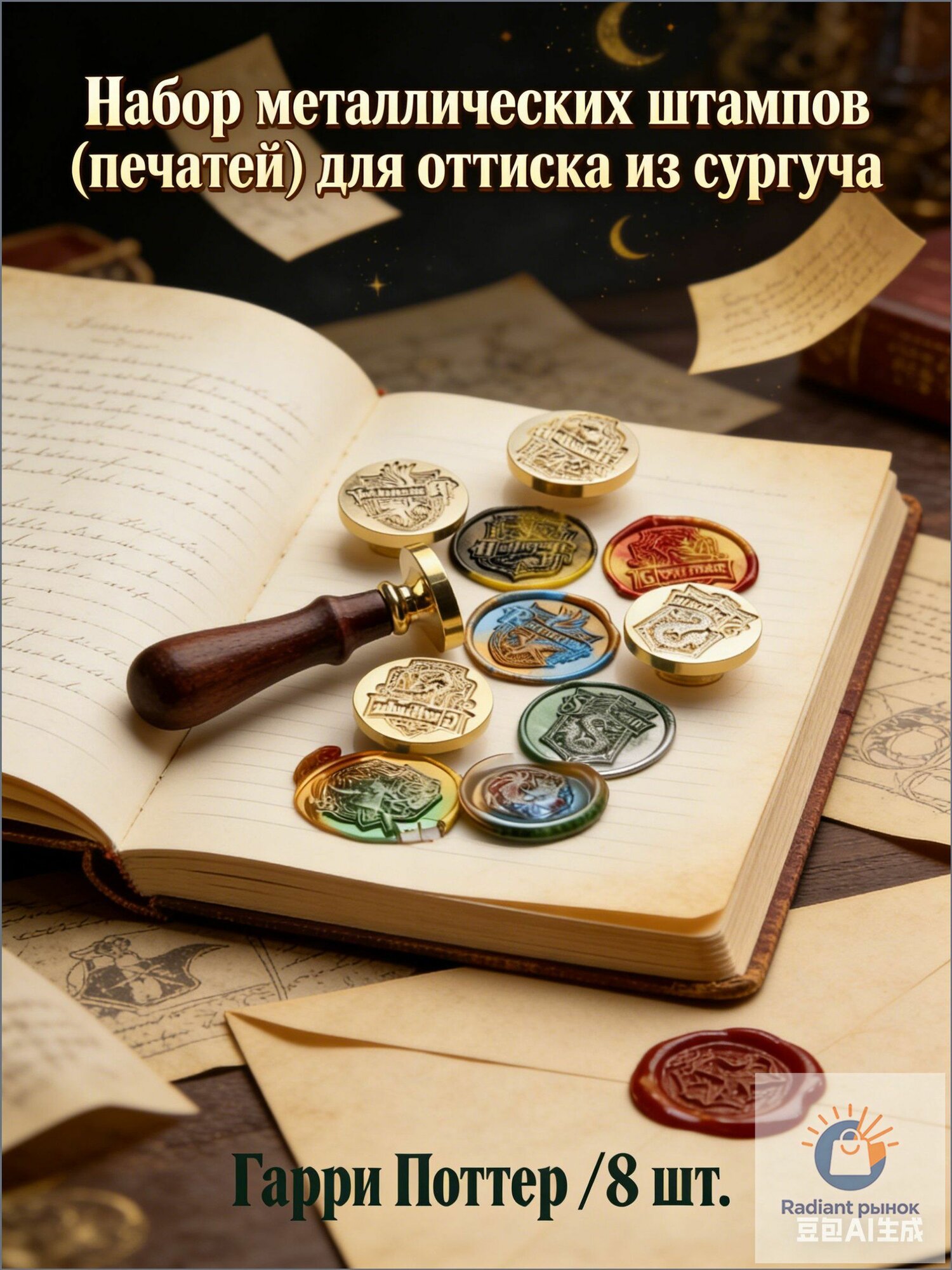 Набор металлических штампов (печатей) Гарри Поттер для оттиска из сургуча 8 шт.