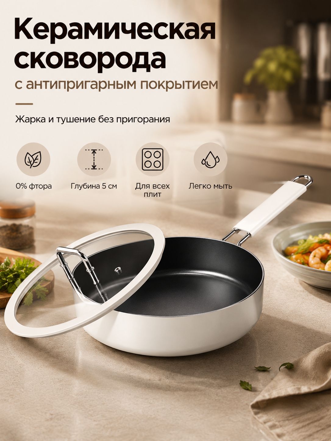 Керамика Сотейник с крышкой 1.9 л 22 см железо белый , Универсальная плита