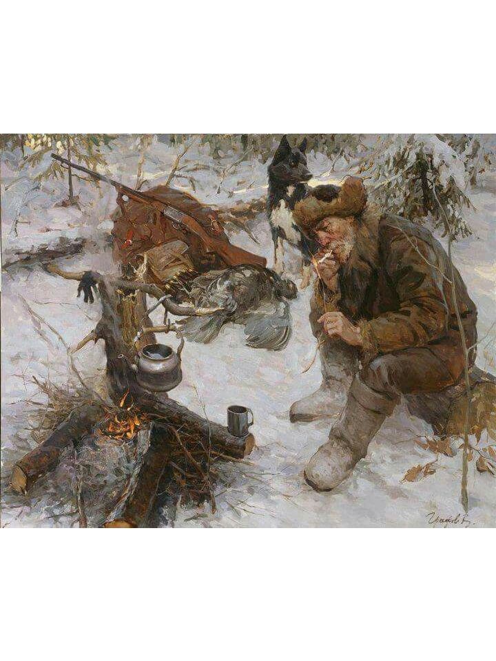Картина "Художественная картина на холсте Охотник в зимнем лесу, 50 * 40cm" 40x50 см