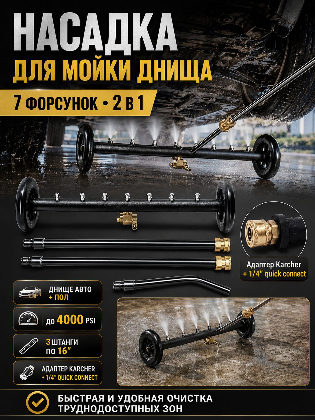 Водяная метла для мойки высокого давления, очиститель днища автомобиля 7 форсунок, переходник для Керхер и 1/4