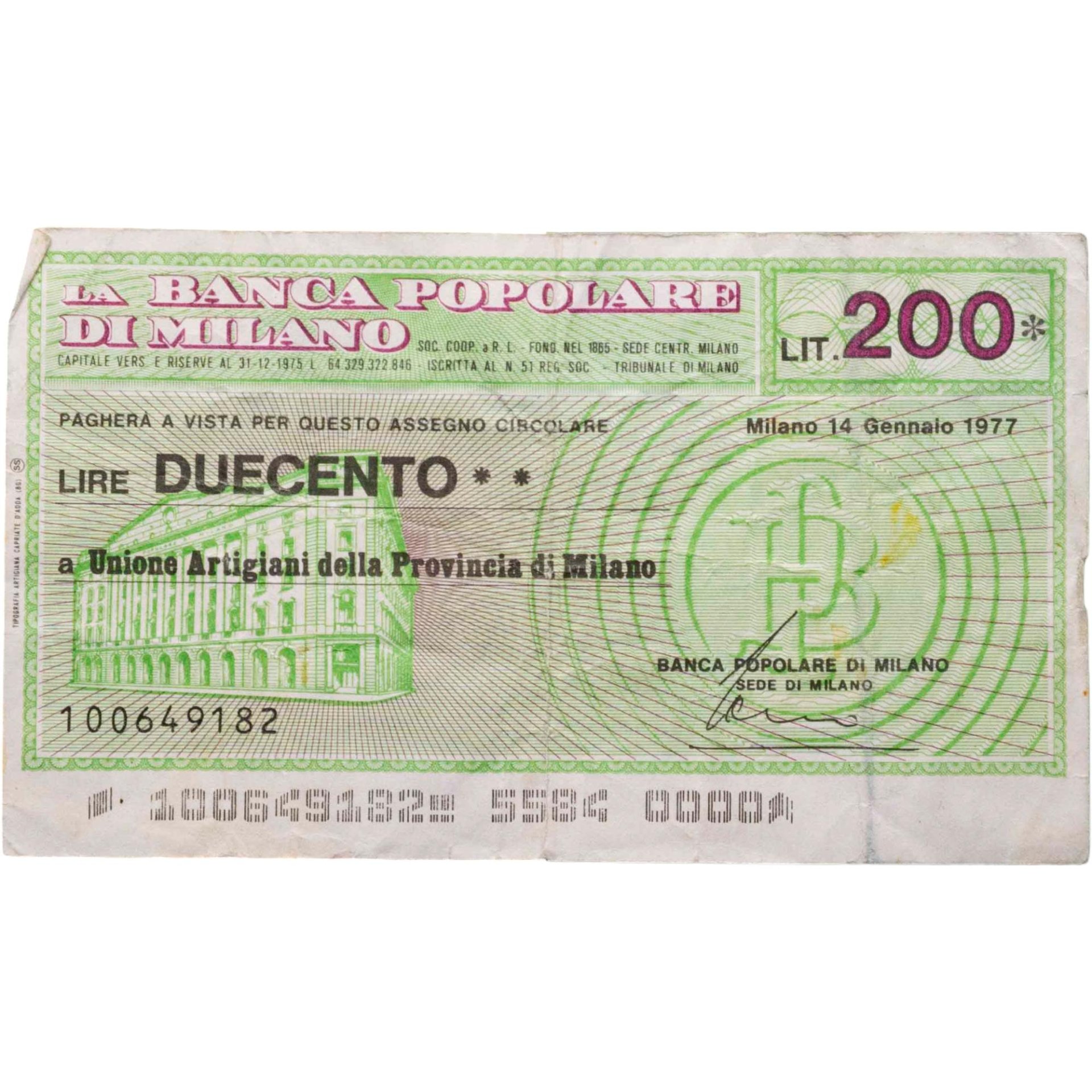 Италия банковский чек 200 лир 1977