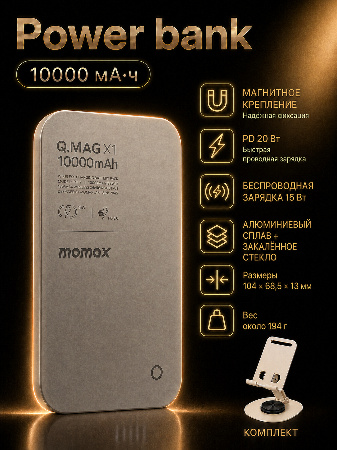 Ультратонкий магнитный беспроводной пауэрбанк MOMAX с вращающейся на 360 градусов подставкой
