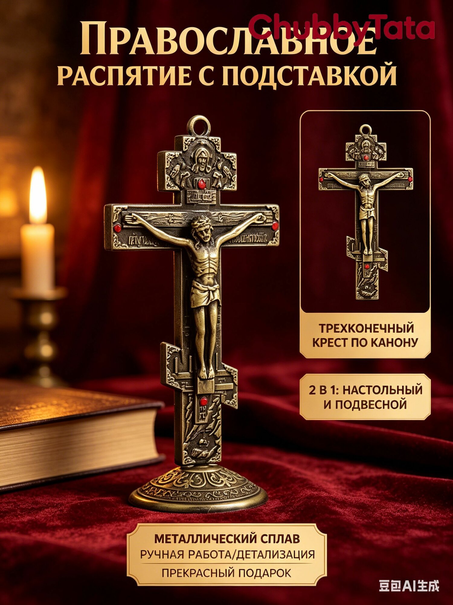 Крест православный настольный с подставкой "Распятие Христово", Металлический крестик на подставке для дома и авто - Религиозный сувенир с эмалью и стразами.