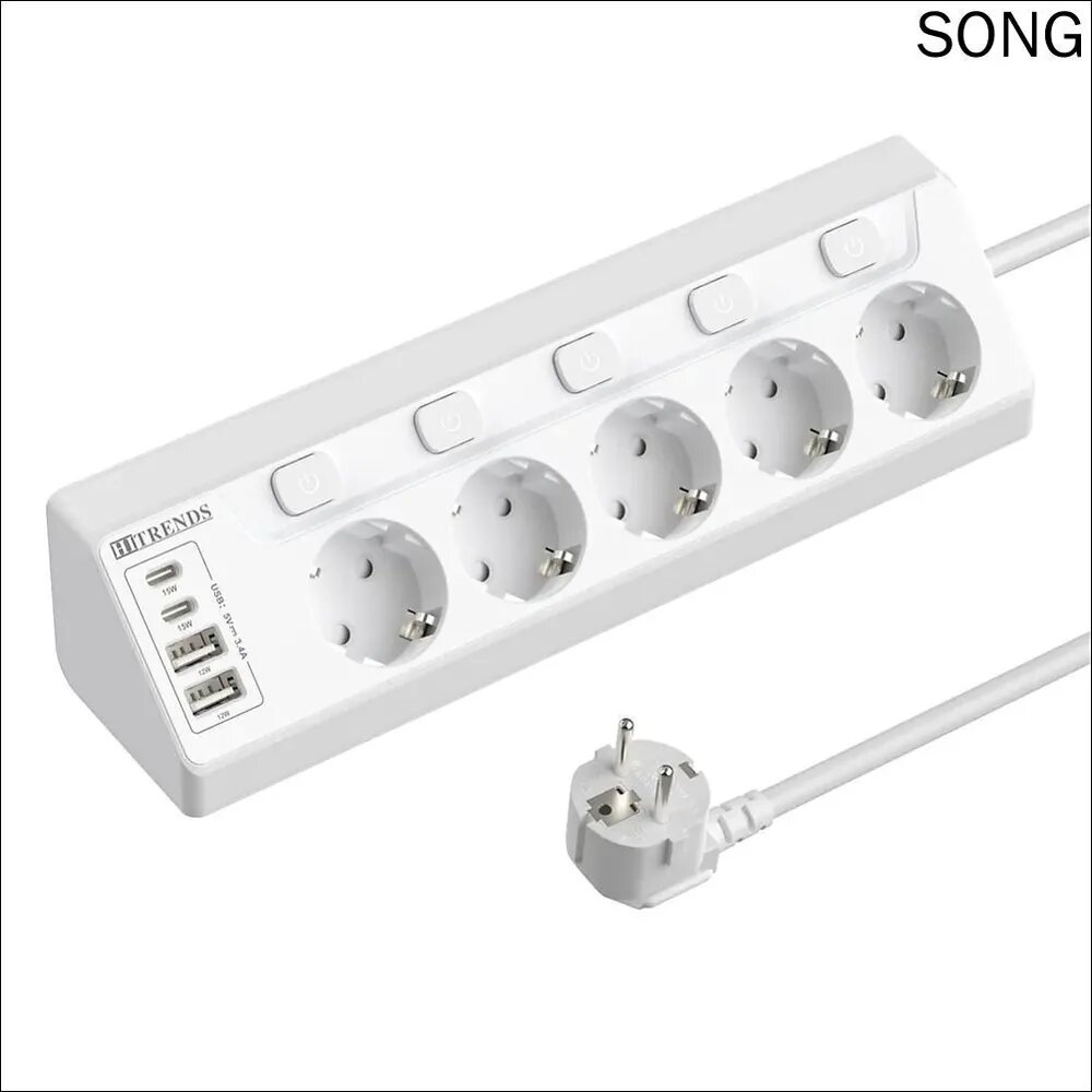 Удлинитель с 5 розетками и 2 USB + 2 Type-C, индивидуальные выключатели, защита от перегрузки, 4000W 16A 250V, огнестойкий и пылезащитный