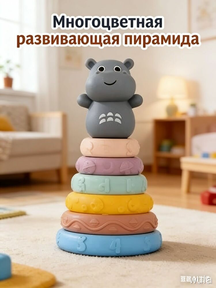 Пирамидка-стаканчик детская разноцветная с рисунками и цифрами 7 шт. для малышей от 1 года