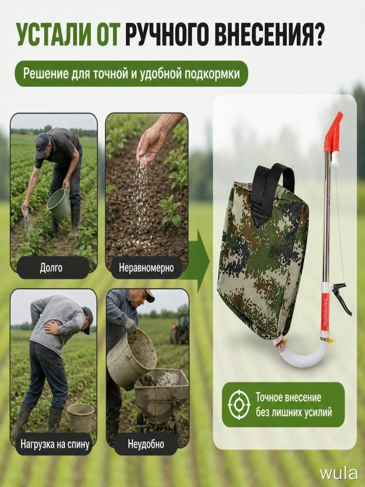 Наплечный разбрасыватель удобрений Wula, с регулировкой подачи, 20 л, для огорода, сада и поля — фото 1