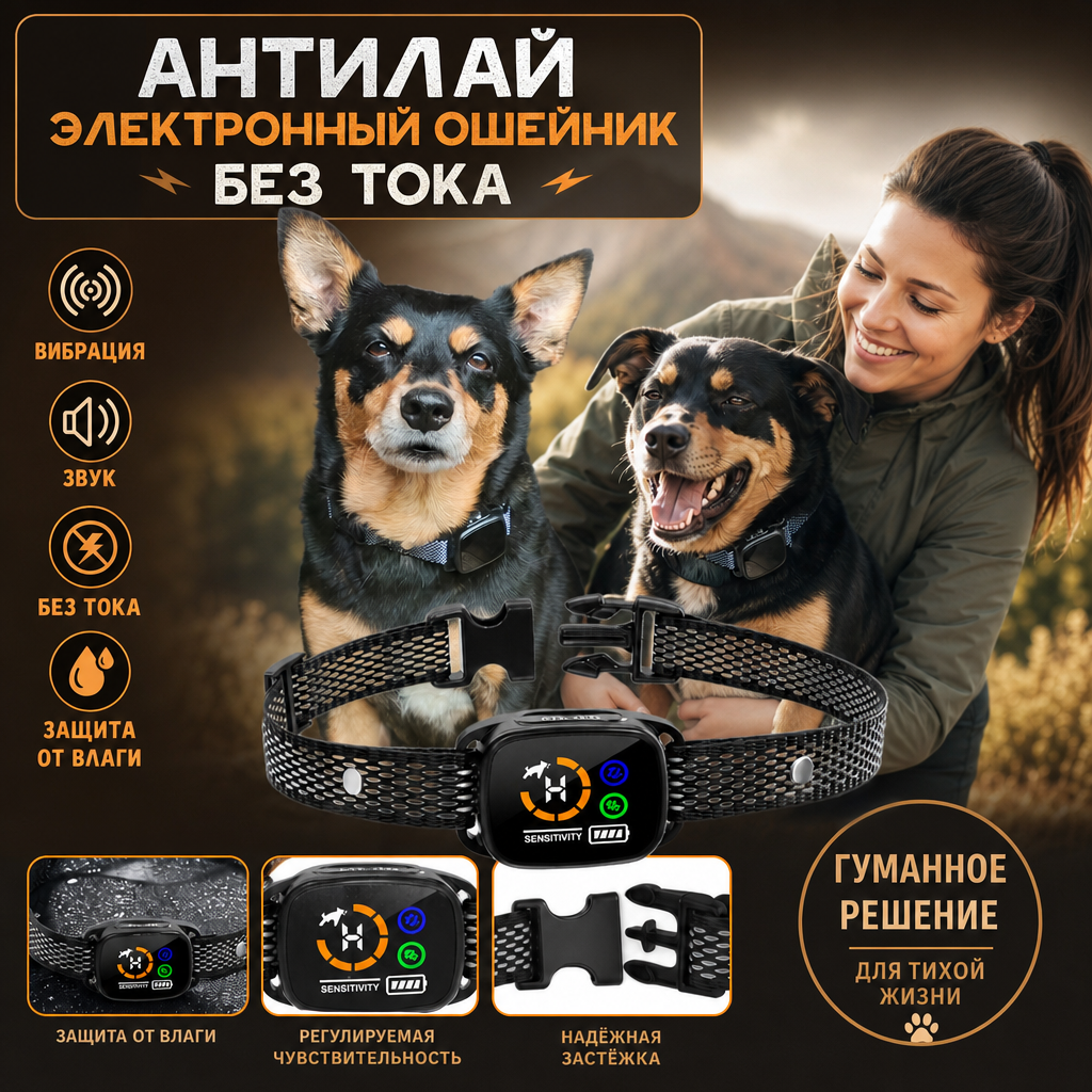 Электронный ошейник антилай для собак, прочный, водонепроницаемый, перезаряжаемый, электростимуляция