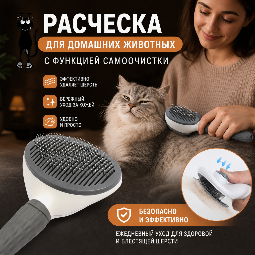 Фурминатор для вычесывания подшерстка кошек и собак, серый, легко чистить, профессиональный уход, самоочищающаяся, удаление подшерстка