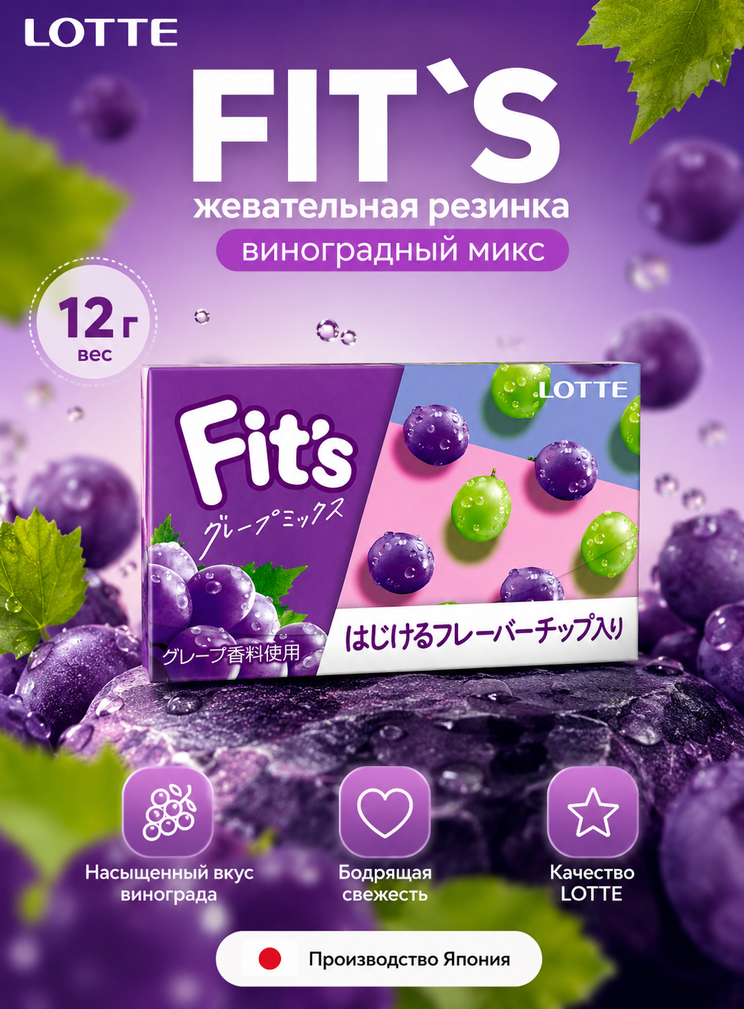 Жевательная резинка Lotte Fit's Grape Mix, со вкусом винограда, 25г, Япония