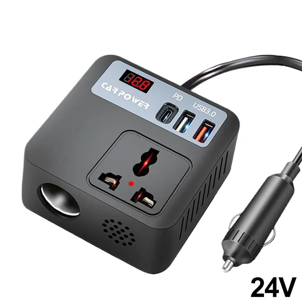 Автомобильный инвертор 200 Вт, 24 В, с 3 USB портами и дисплеем, черный