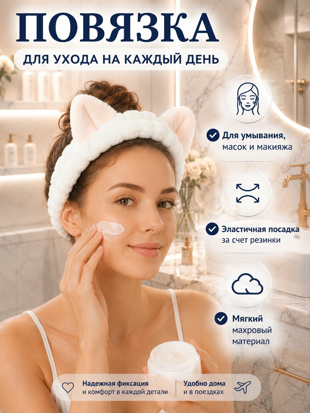 Повязка на голову для умывания женская косметическая/Ободок для волос с ушками