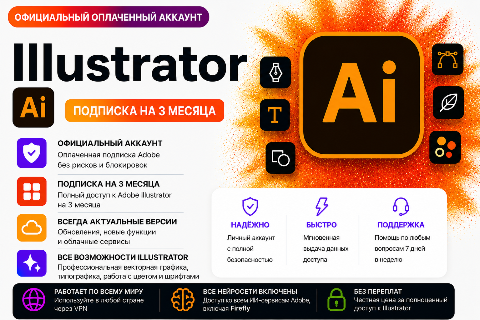 Adobe Illustrator готовый оплаченный аккаунт с подпиской на 3 месяца, нейросети Nano Banana и др, 4к кредитов