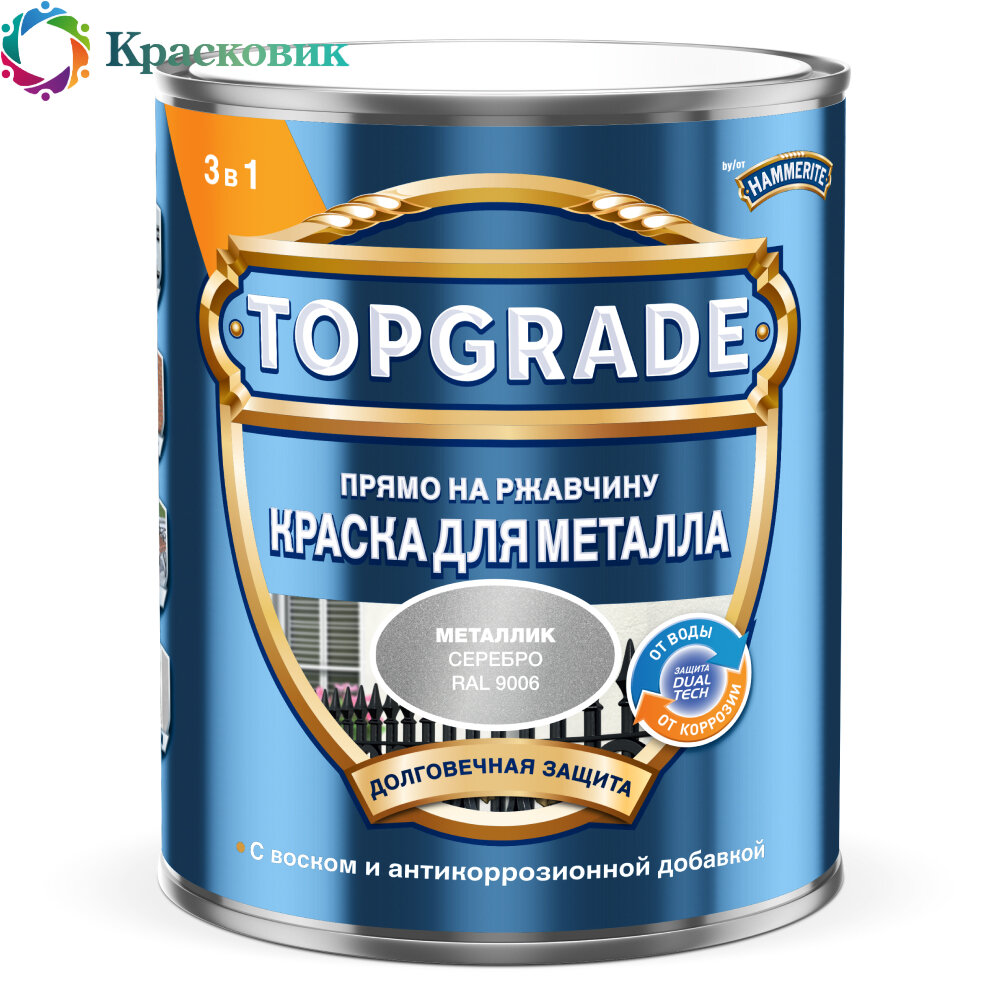 Краска TOPGRADE (HAMMERITE) для металла прямо на ржавчину гладкая, глянцевая, RAL 9006 серебряный 0,75л