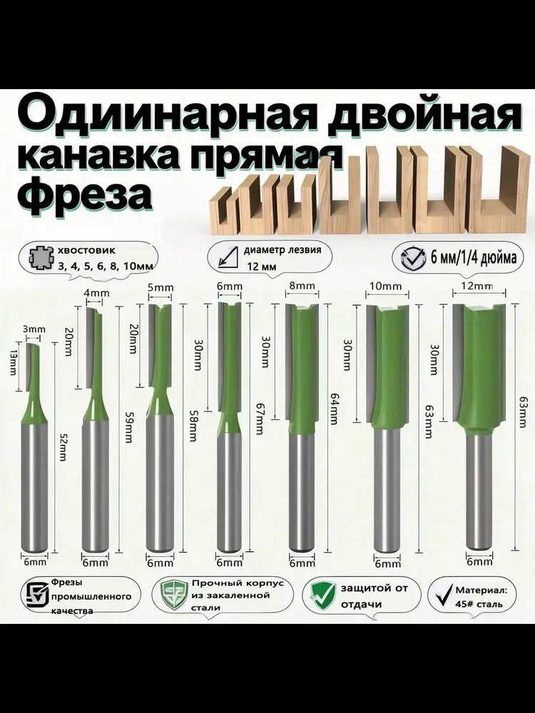 Набор Фрез по дереву, Набор кромочных фрез 7шт, хвостовик 6 мм