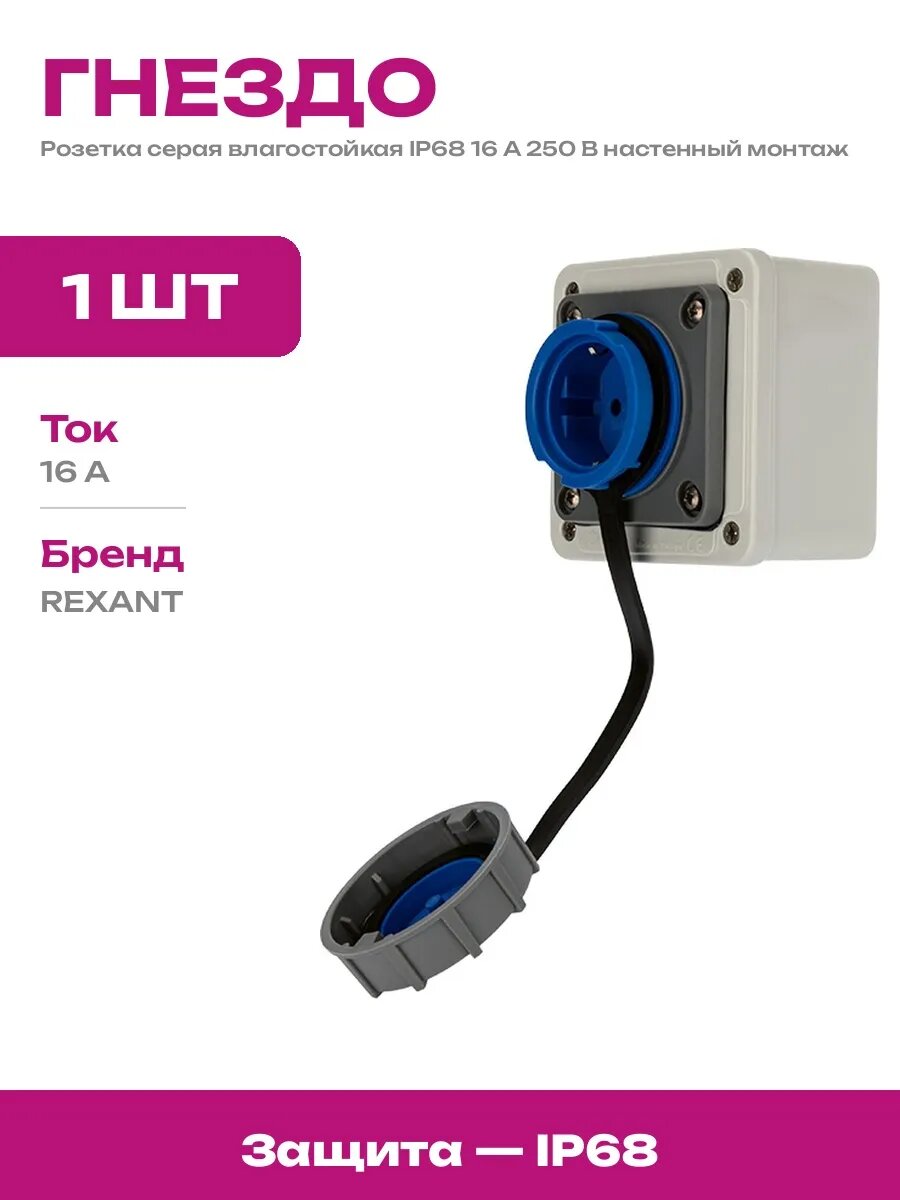 Розетка настенная 16 А 250 В IP68 серая заземление с крышкой