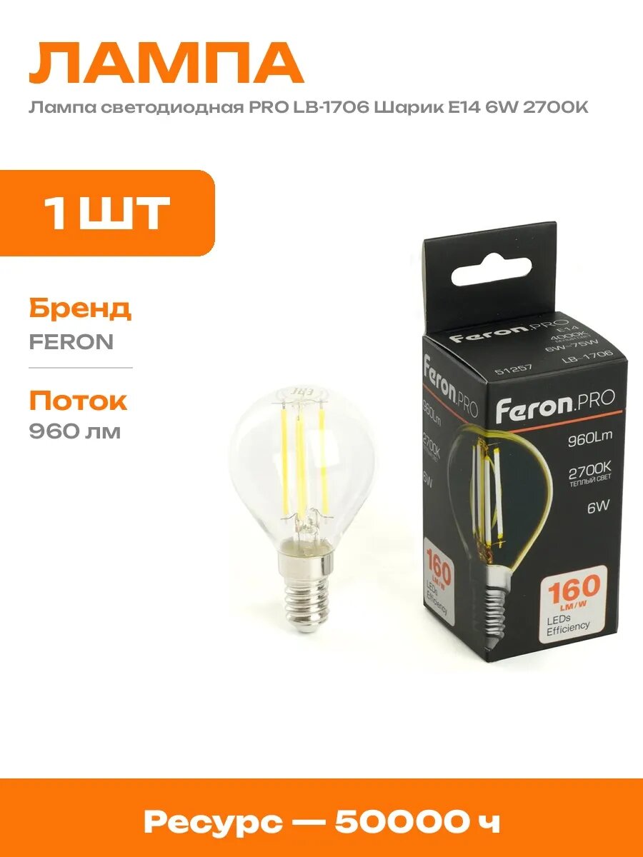 Лампа прозрачная филаментная 6W шарик теплый белый светодиод