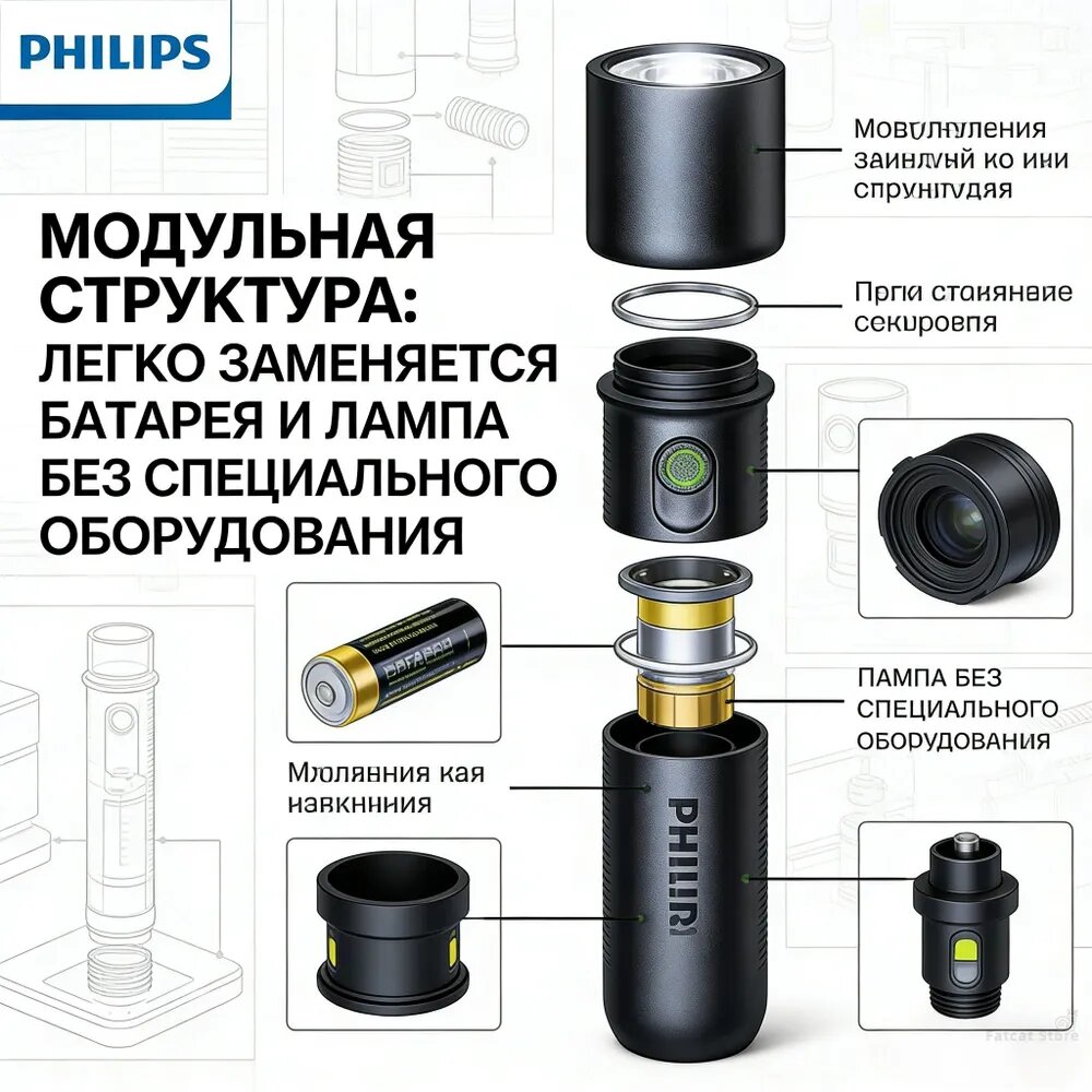 Фонарь ручной Philips (универсальный), 218 Лм, 3 Вт, 30 м, Холодный белый, 4 режима — фото 1