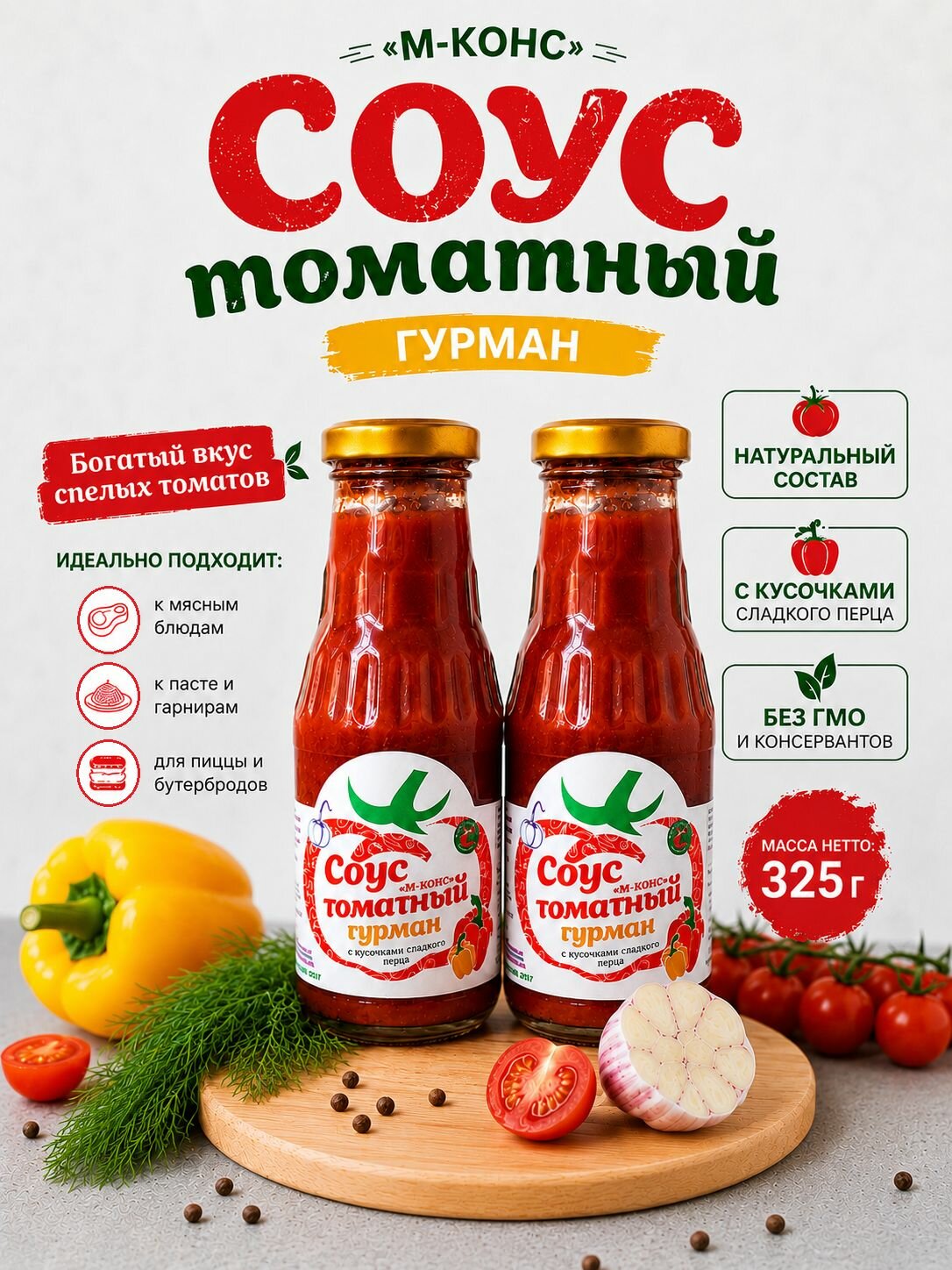Соус томатный "Гурман" с кусочками сладкого перца Мичуринский, 2 шт. по 325 г