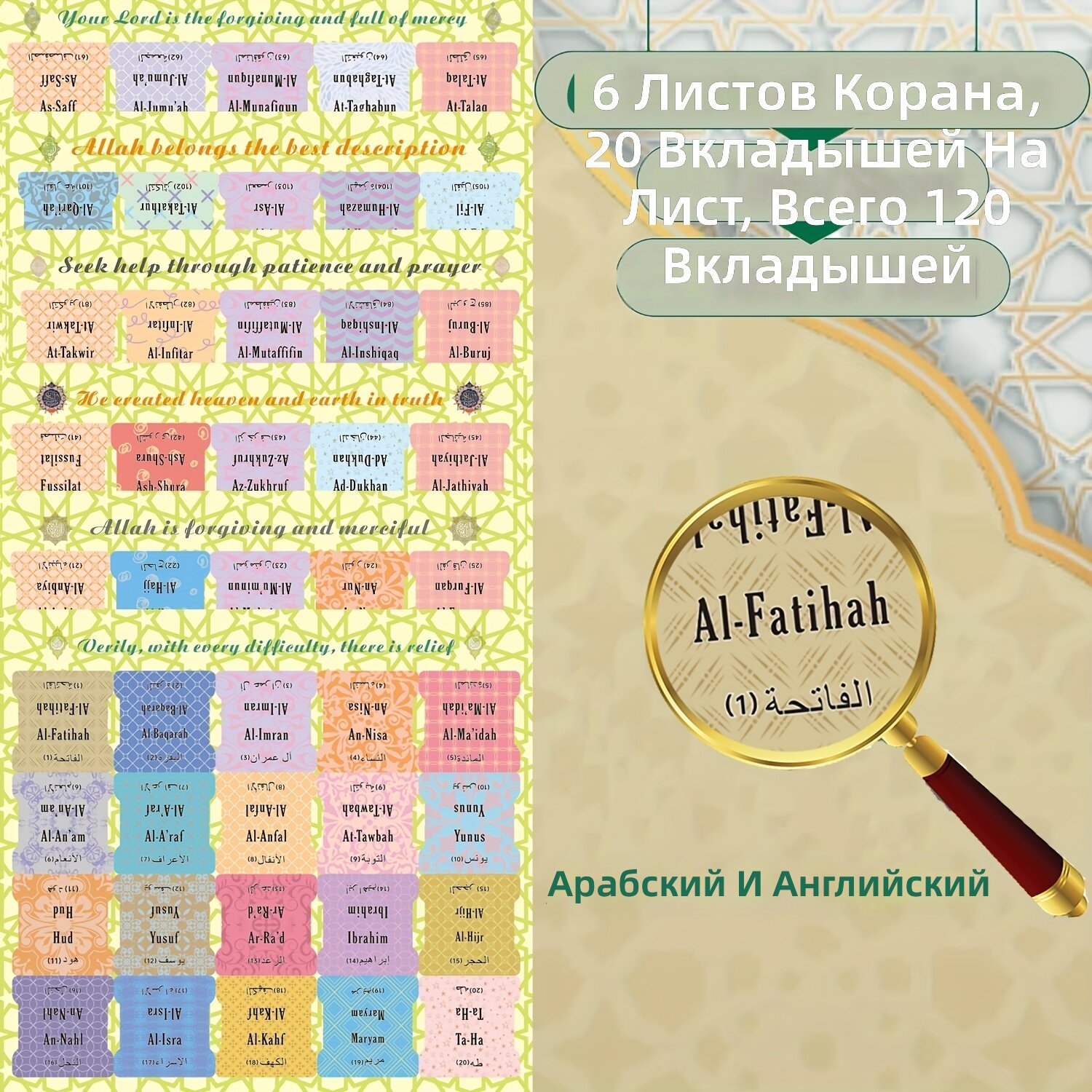Закладки-разделители для глав Корана, 114 суры и 6 пустых вкладок, 6 листов, арабский и английский