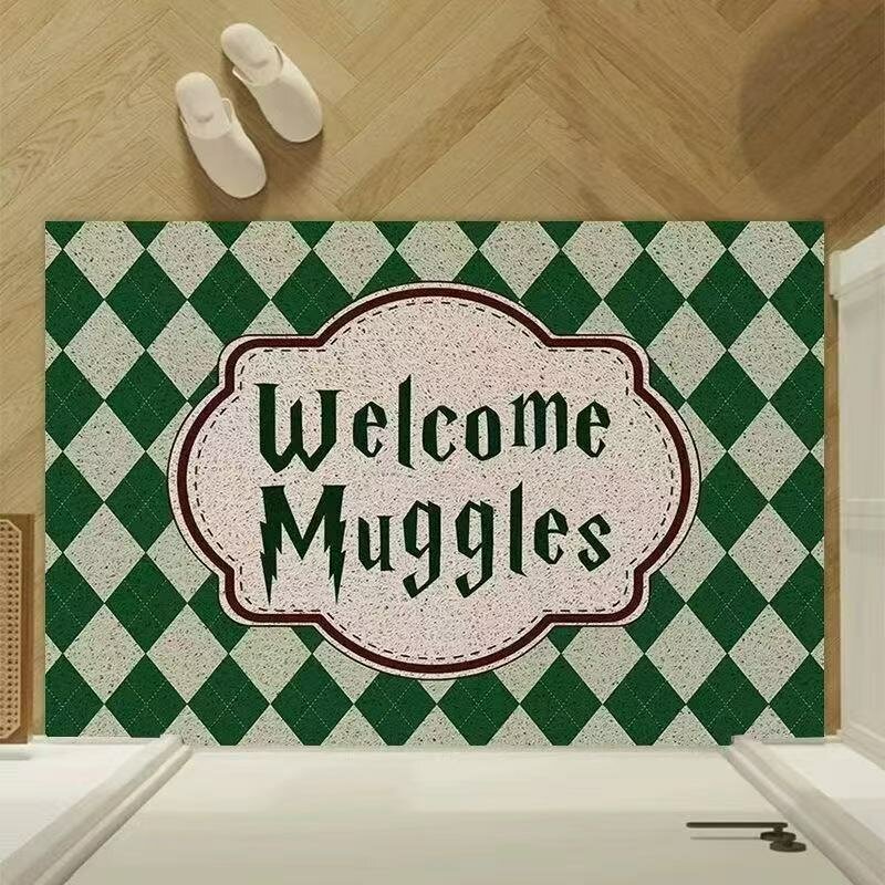 Коврик для входа с надписью "Welcome Muggles" и зелено-белым ромбовидным узором, для дома, ковер 60x90cm