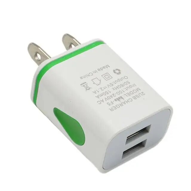 Зарядное 2 USB, 5V 2.1A, US Plug, Зеленый