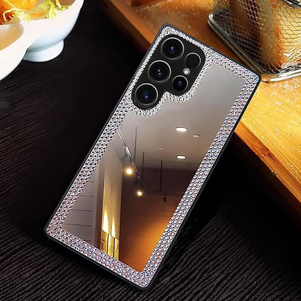 Чехол-зеркало для Samsung Galaxy S25 Ultra с блестящими стразами, черный