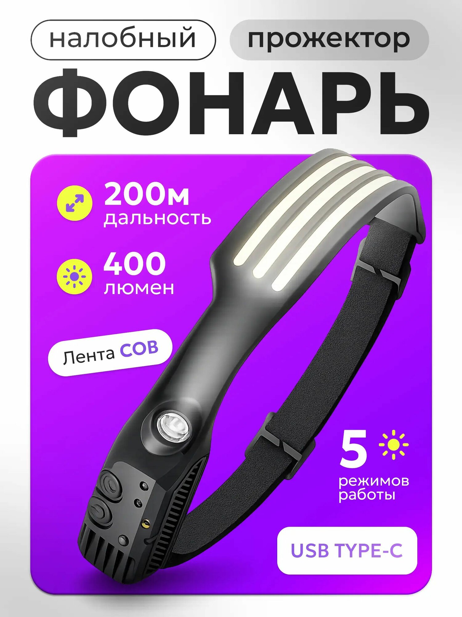Фонарь налобный аккумуляторный, сверхмощный, профессиональный, управление жестами