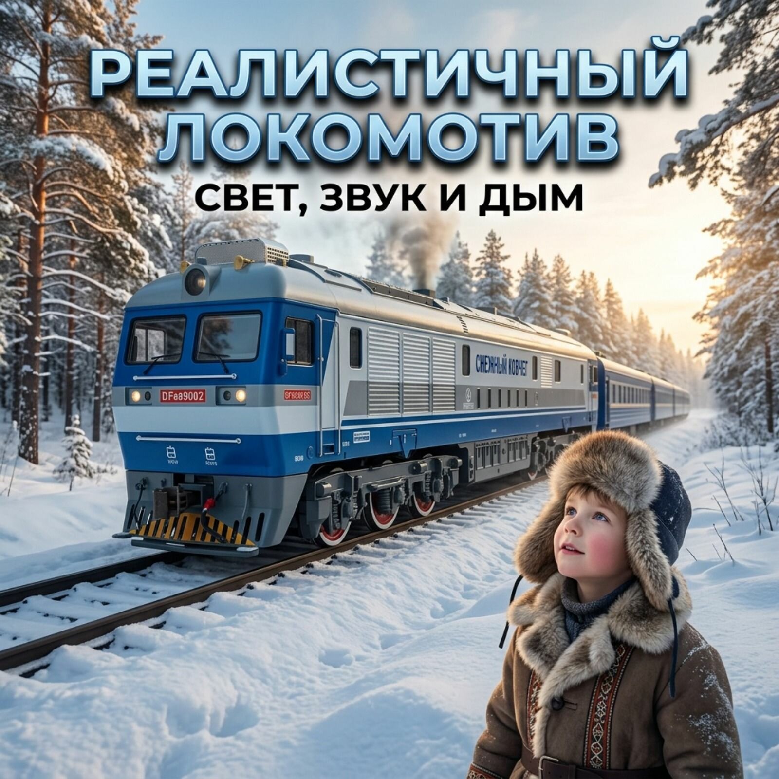 Большая детская железная дорога. Электрический реалистичный поезд локомотив с дымом, светом и звуком. Длинный сборный трек с разными вагонами и техникой. Идеальный подарочный набор для мальчиков.