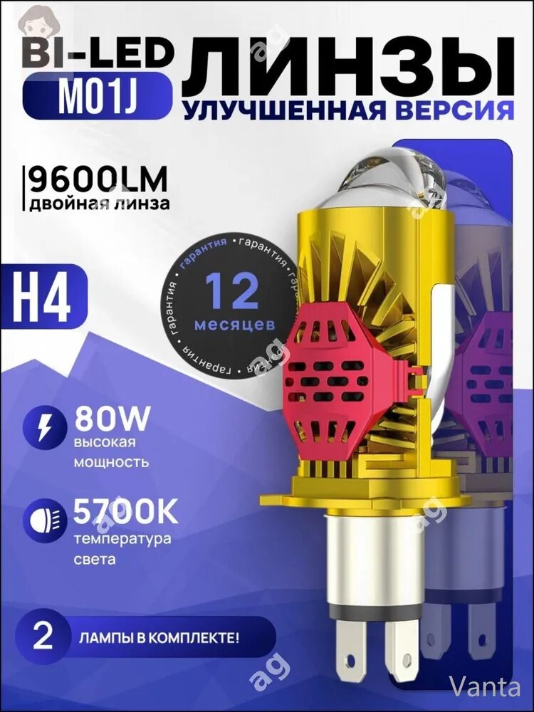 Лампа автомобильная H4, 2 шт. арт. M01J-H4 80w