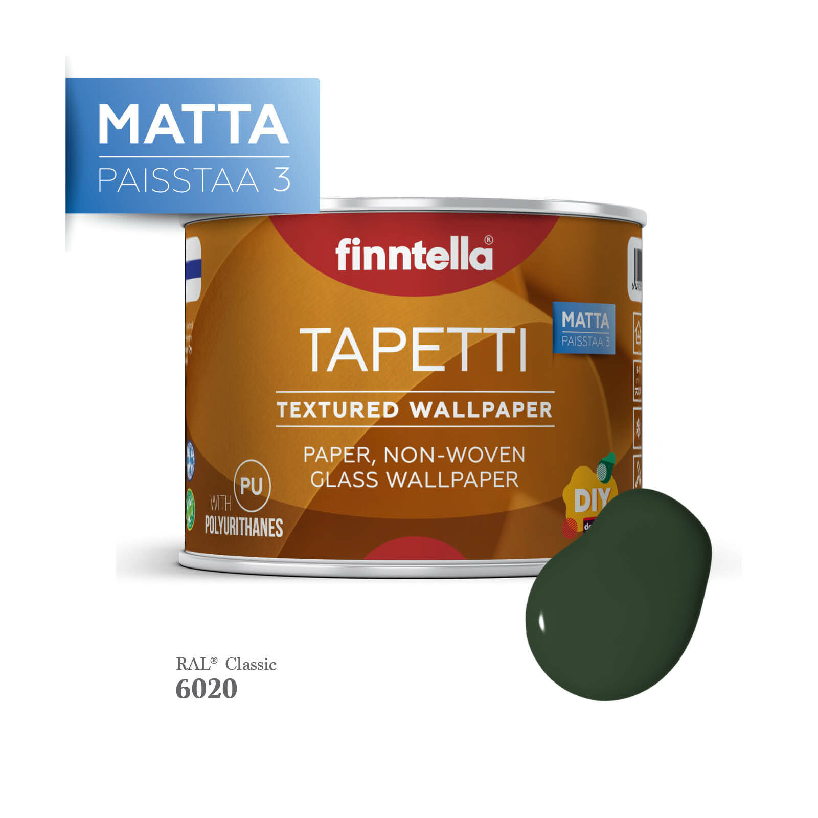 Матовая краска для обоев под окраску TAPETTI Matta FINNTELLA, Цвет RAL 6020 Хромовый зеленый (Chrome green), 0,45л