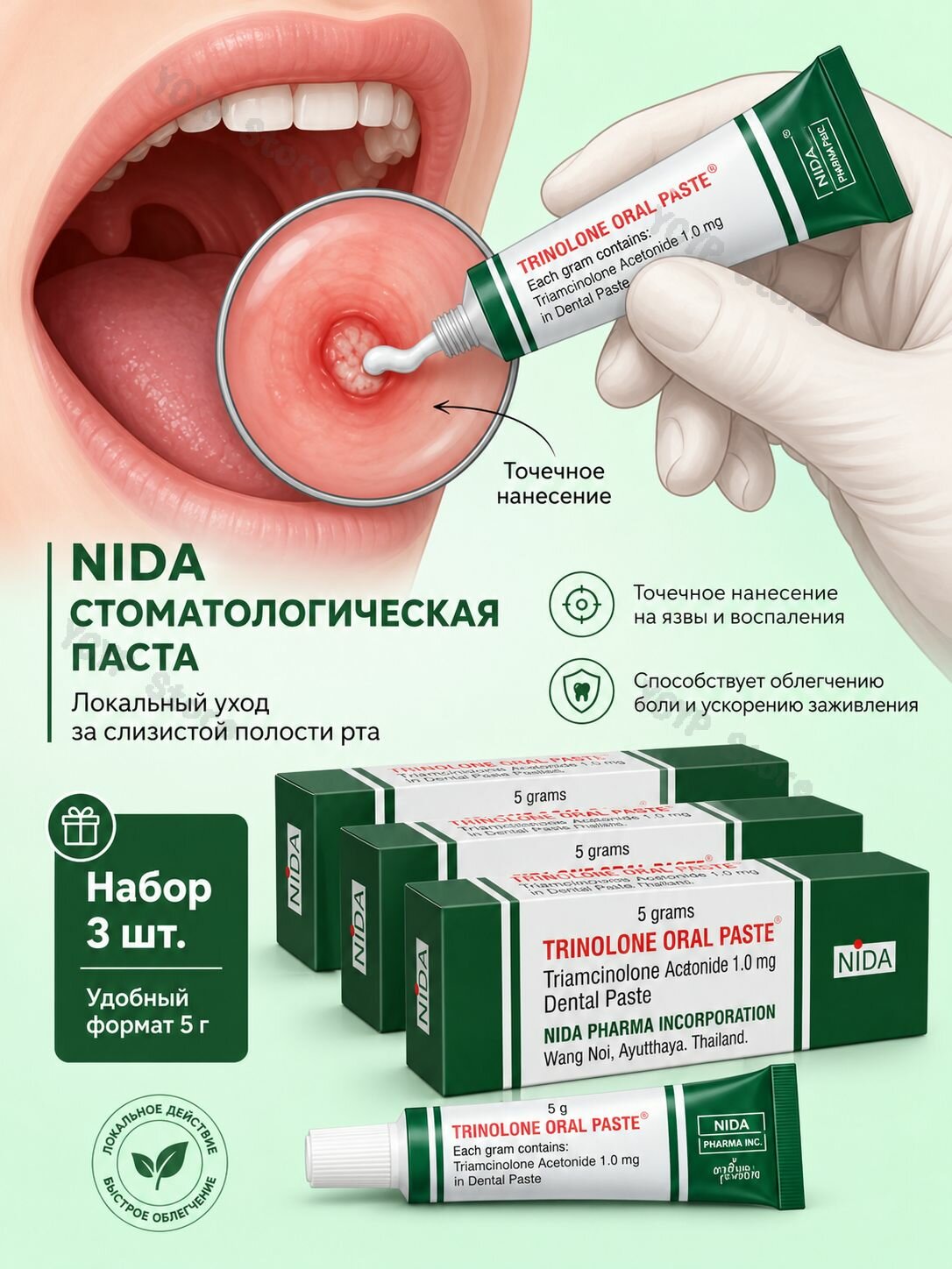 3шт Nida Гель заживляющий против воспалений, стоматита и ранок в ротовой полости Trinolone Oral Paste, 5 гр